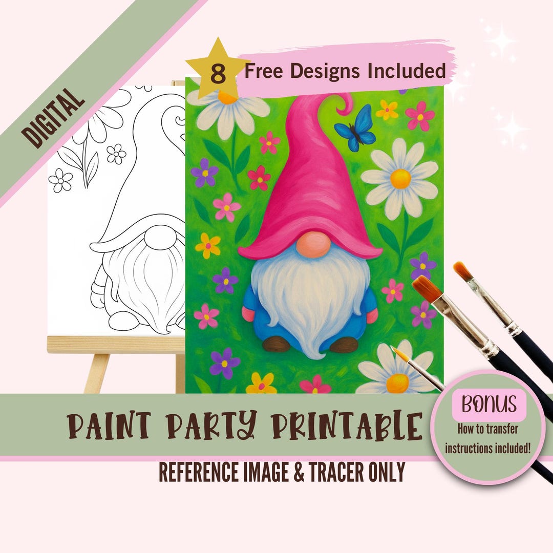 Summer Garden Gnome Art Painting Party PNG Tracer, DIY Pre-drawn Canvas ...