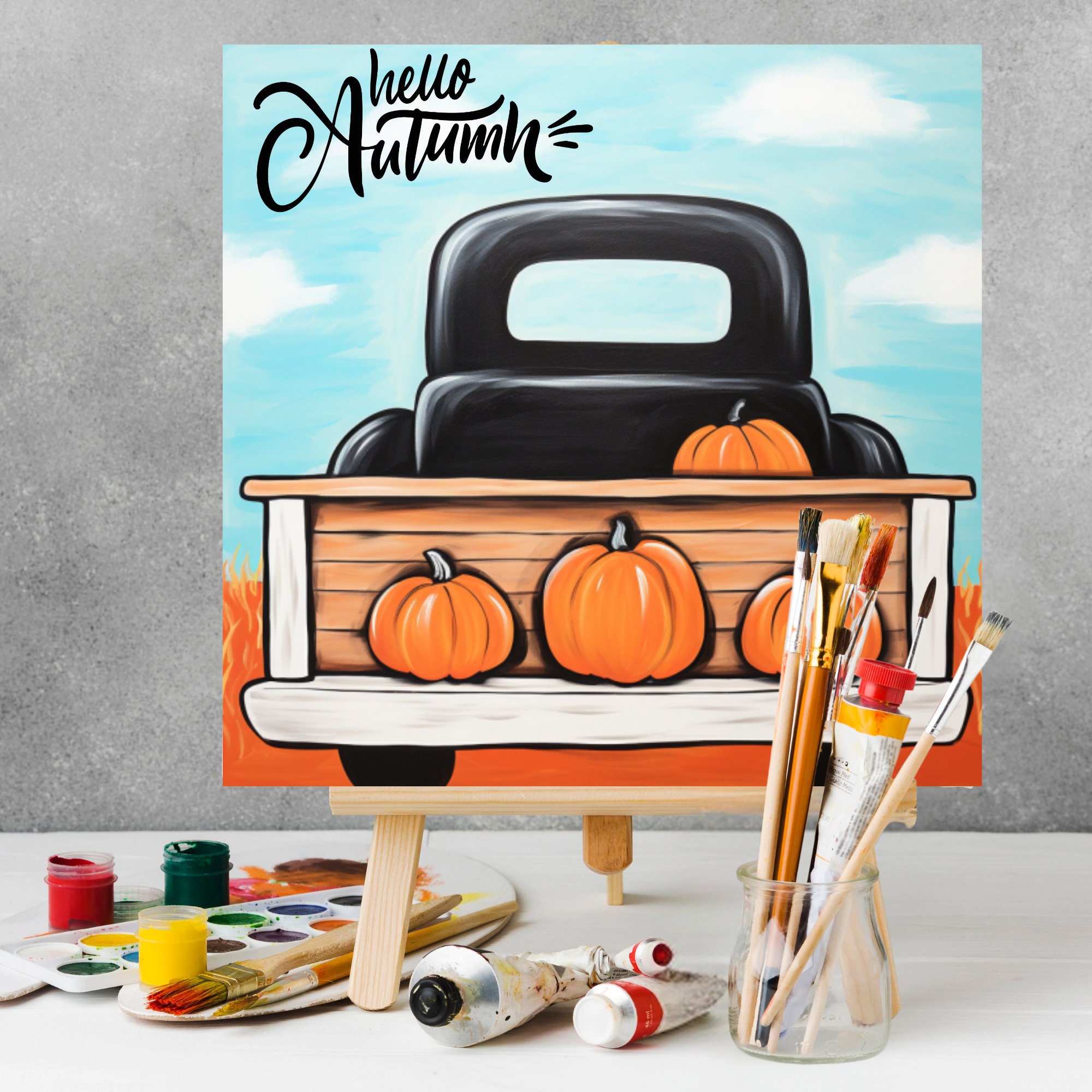 Hello Fall Pumpkin Farmhouse Truck Painting Party Printable, PNG Tracer ...