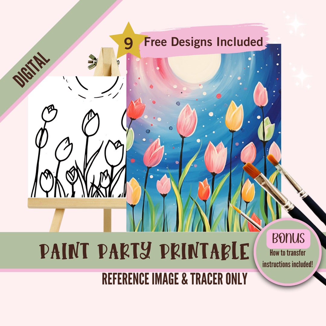 Pre Drawn Tulip Landscape Sip and Paint Canvas Kit, Spring Paint Party ...