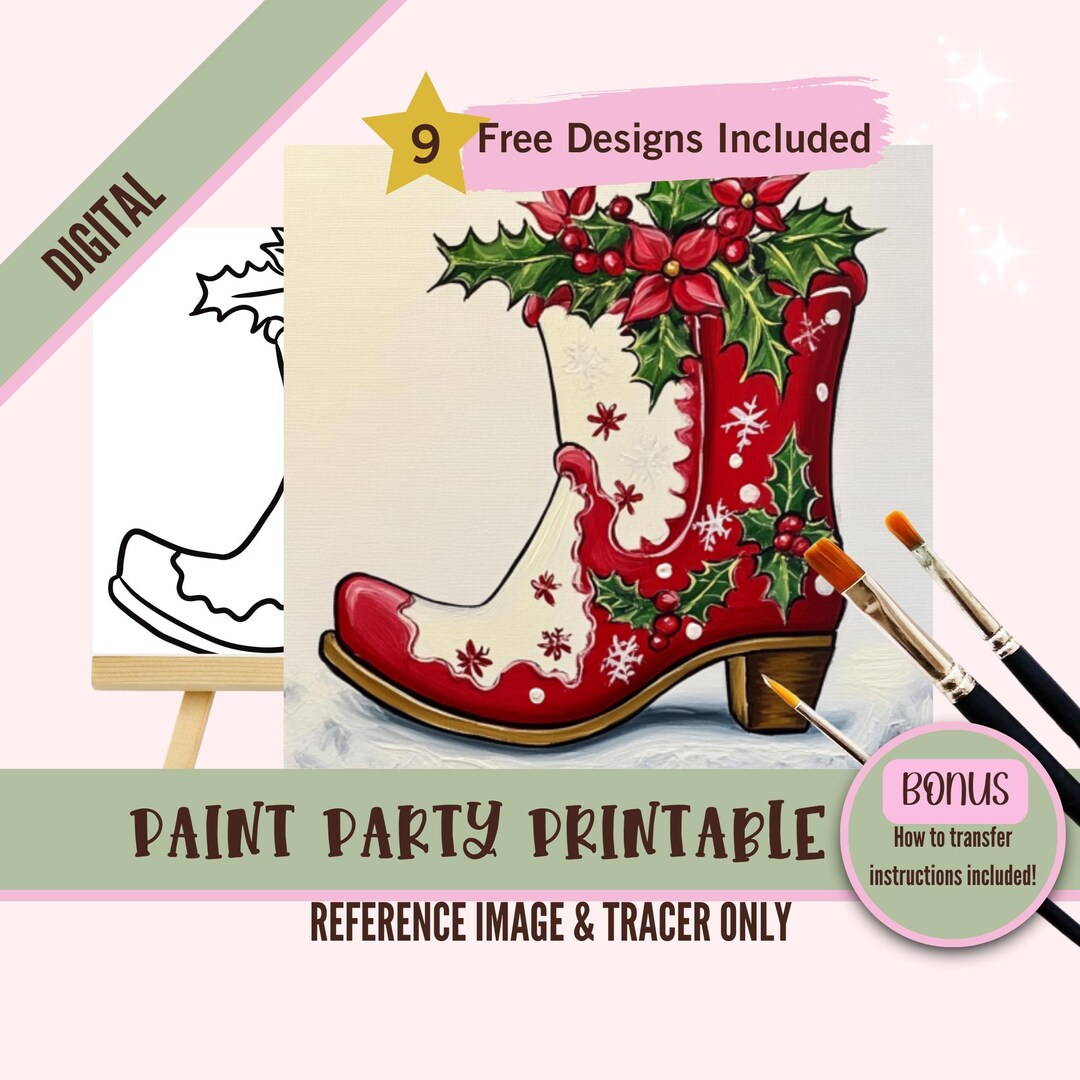 Holiday Cowgirl Boot Sip and Paint Party Kit Canvas, Pre Drawn Template ...