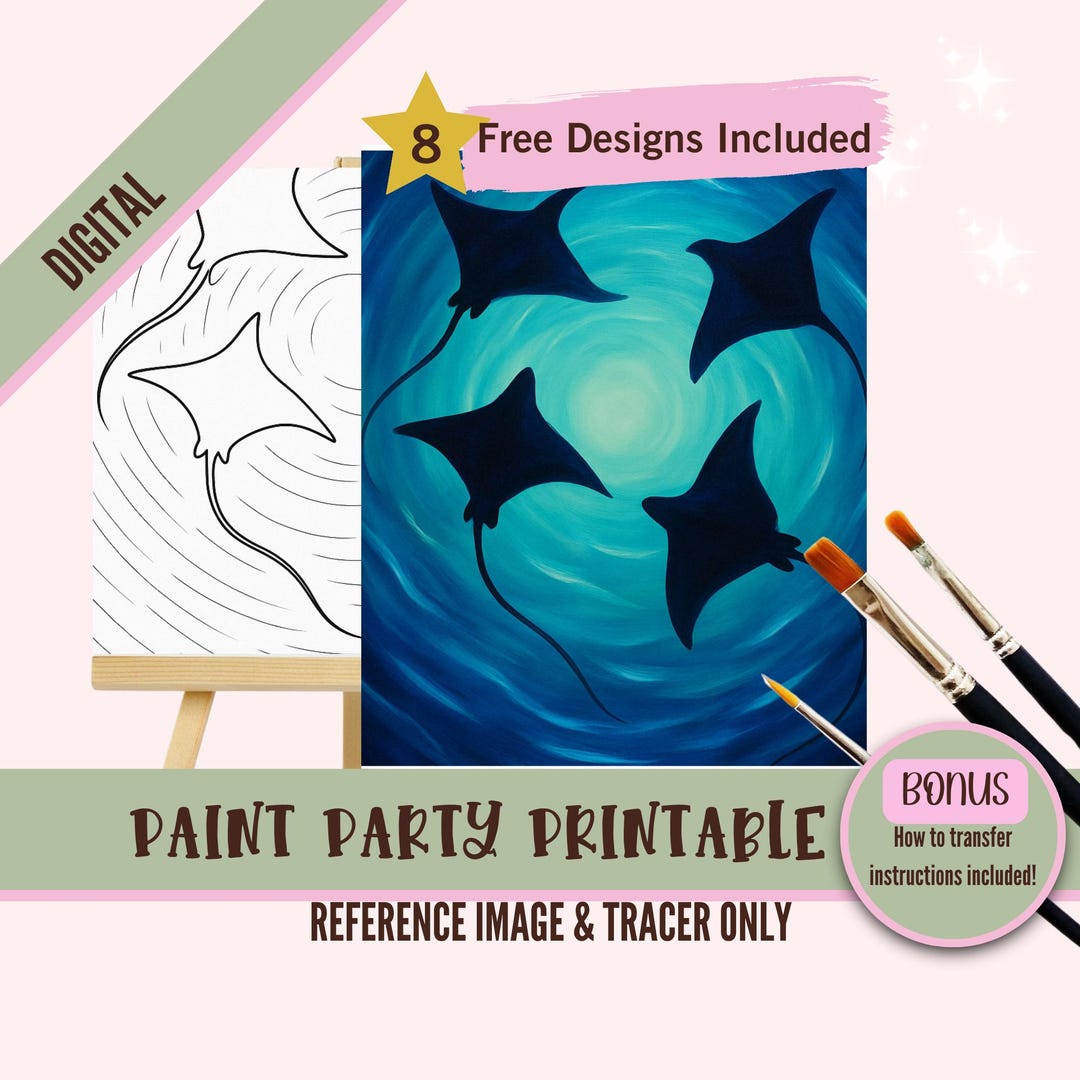 Ocean Sting Rays Art Painting Party PNG Tracer, Aquarium DIY Pre-drawn ...