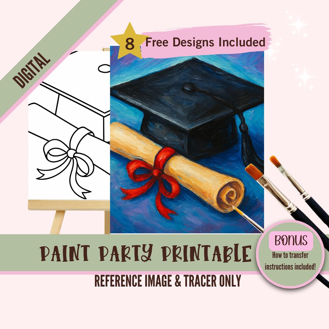 Graduation Cap and Scroll Art Painting Party PNG Tracer, DIY Pre-drawn ...