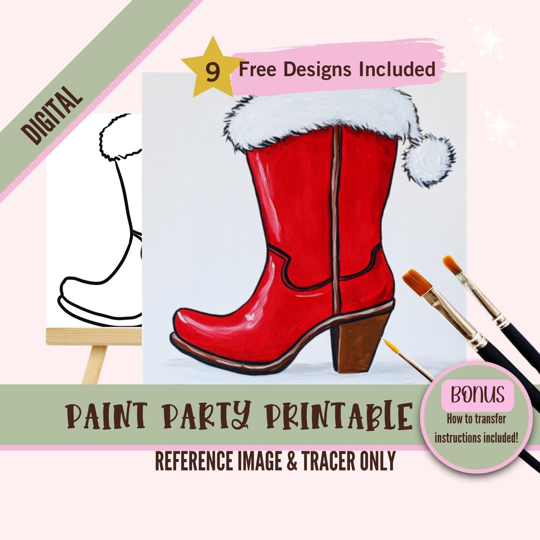 Holiday Cowgirl Boot Sip and Paint Party Kit Canvas, Pre Drawn Template ...