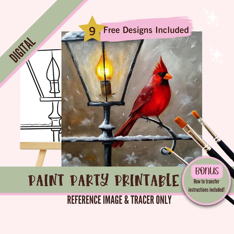 Red Cardinal Sip and Paint Party Kit Canvas, Winter Pre Drawn Template ...