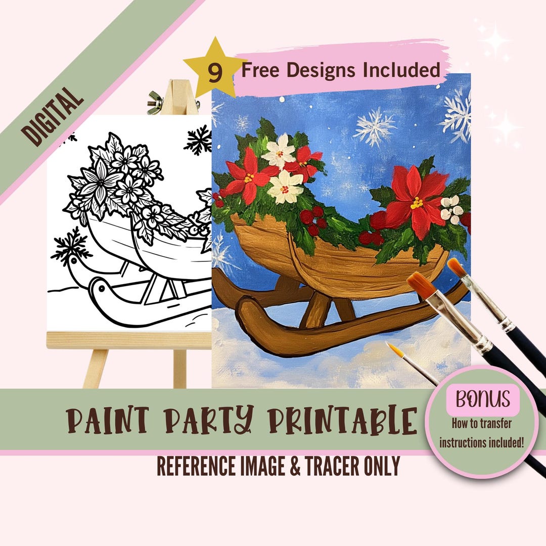 Christmas Sled Sip and Paint Downloadable Stencil Art, Holiday Acrylic ...