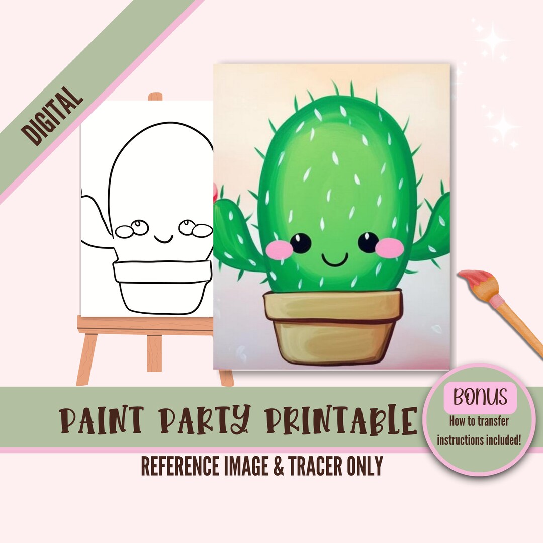 Chibi Cactus DIY Sip N Paint Canvas Print Instant Digital Download for ...