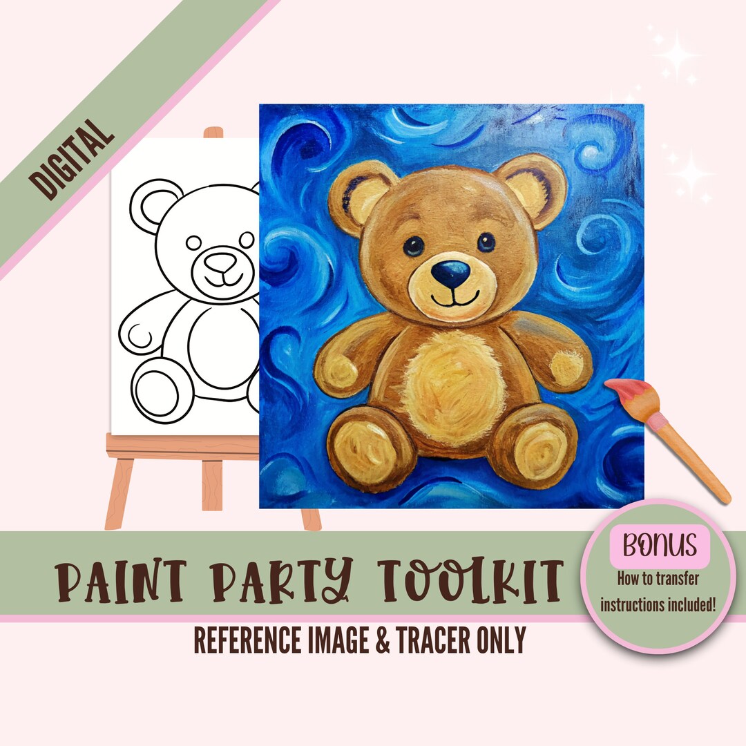 Digital Paint Party Toolkit - Teddy Bear Painting Kit, Pre-drawn Canvas ...