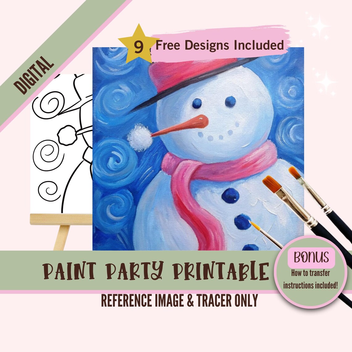 Snowman Sip and Paint Party Kit Canvas, Pre Drawn Template for DIY Art ...