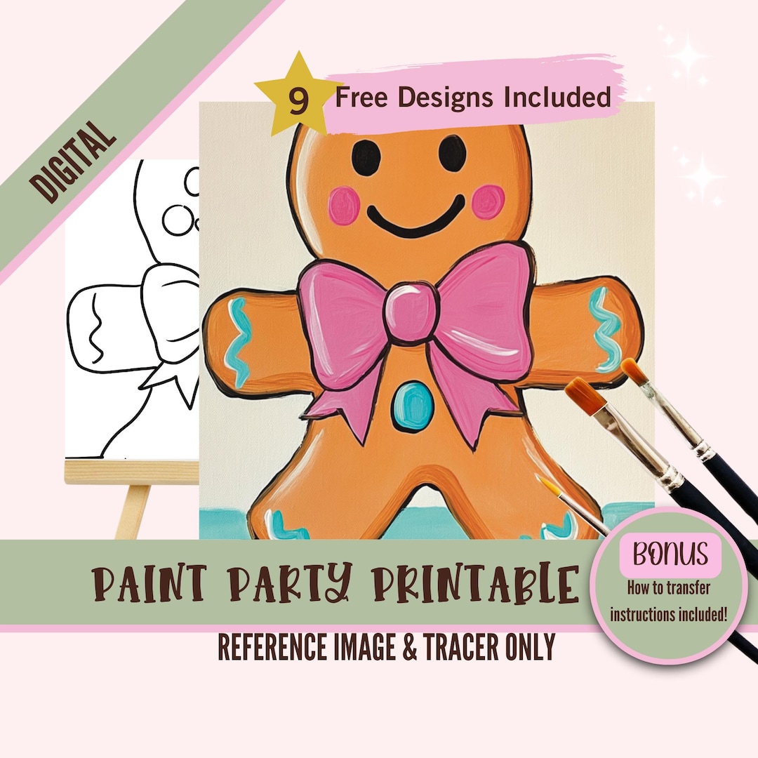 Gingerbread Paint Party Template, DIY Holiday Painting Kit, Digital Art ...