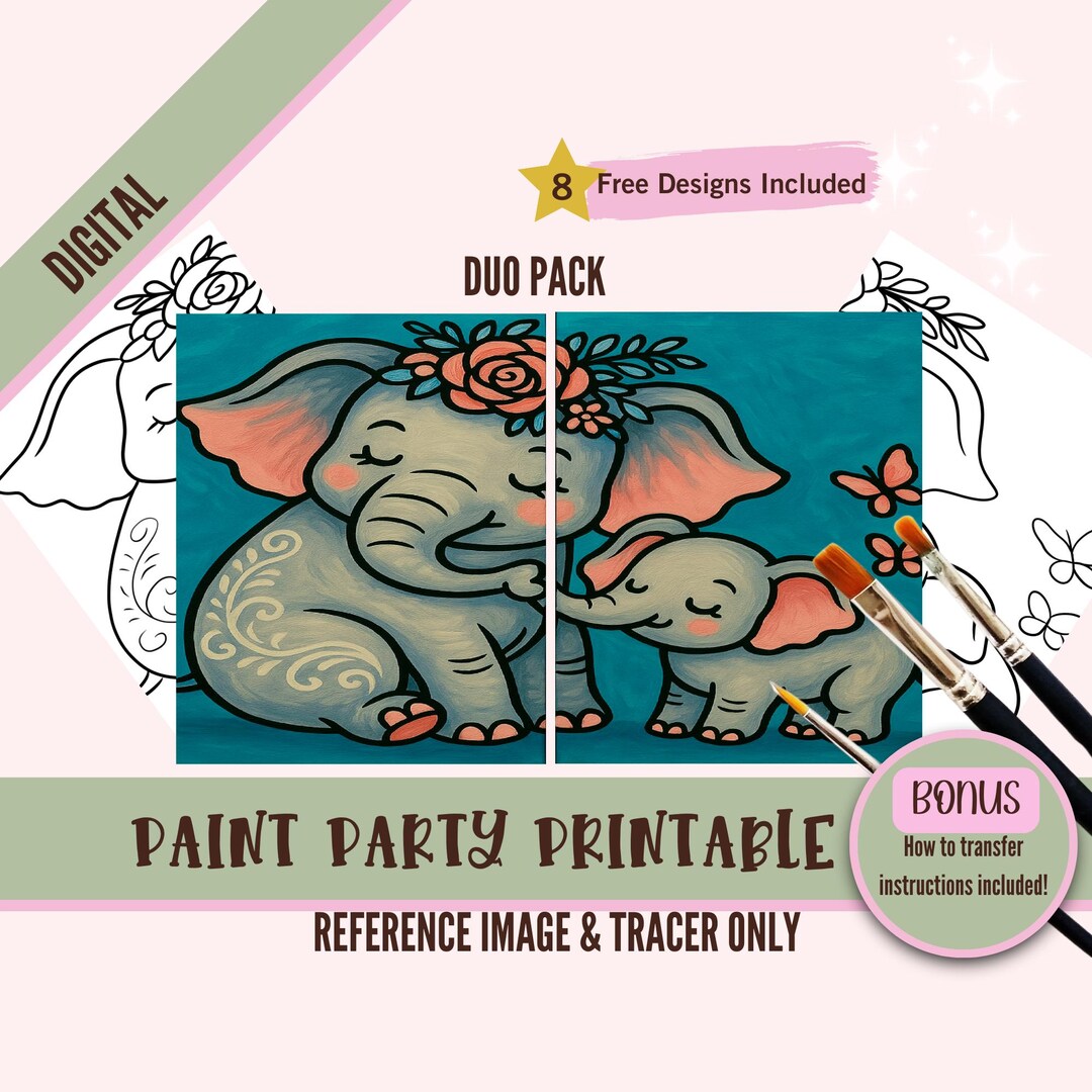Mommy and Me Duo Art Painting Party PNG, DIY Pre-drawn Canvas Stencil ...