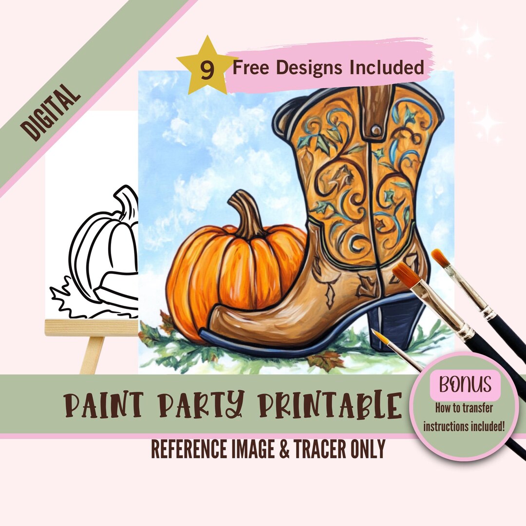 Fall Cowgirl Boot Sip and Paint Party Kit Canvas, Pre Drawn Template ...