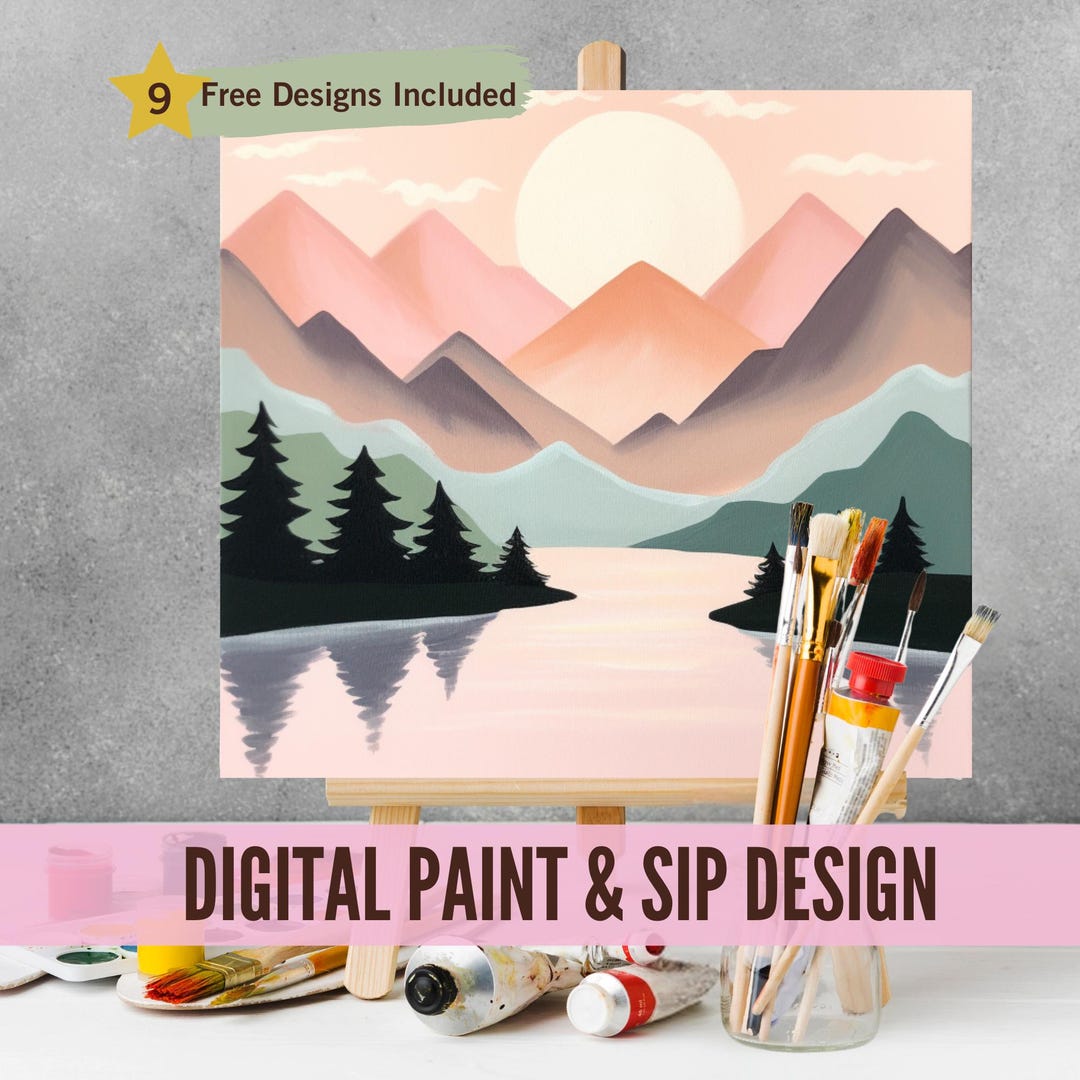 Pastel Landscape Sip and Paint Downloadable Stencil Art, DIY Acrylic ...