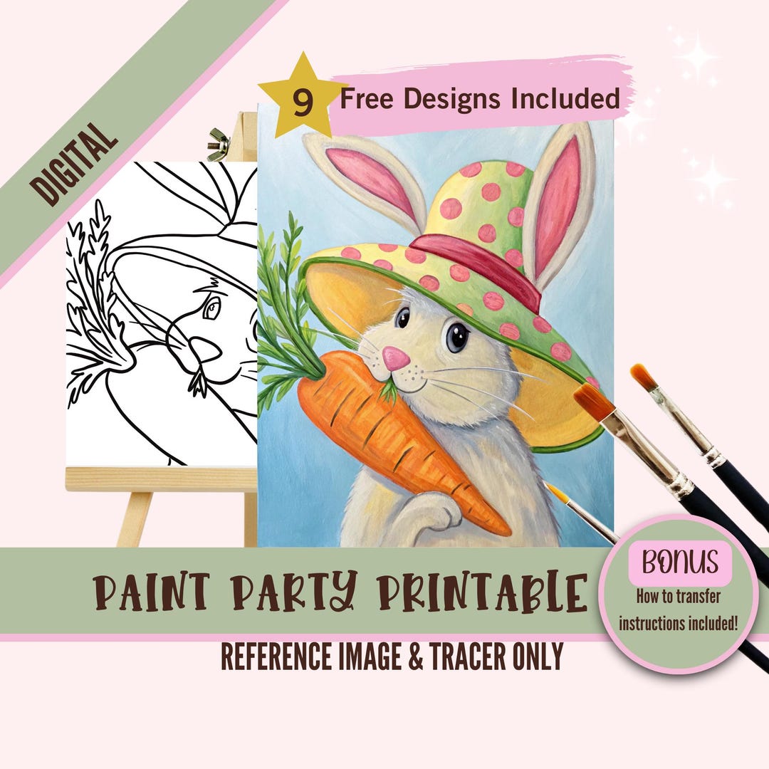 Easter Bunny Painting Template, Cute Spring Sip and Paint, DIY Art ...