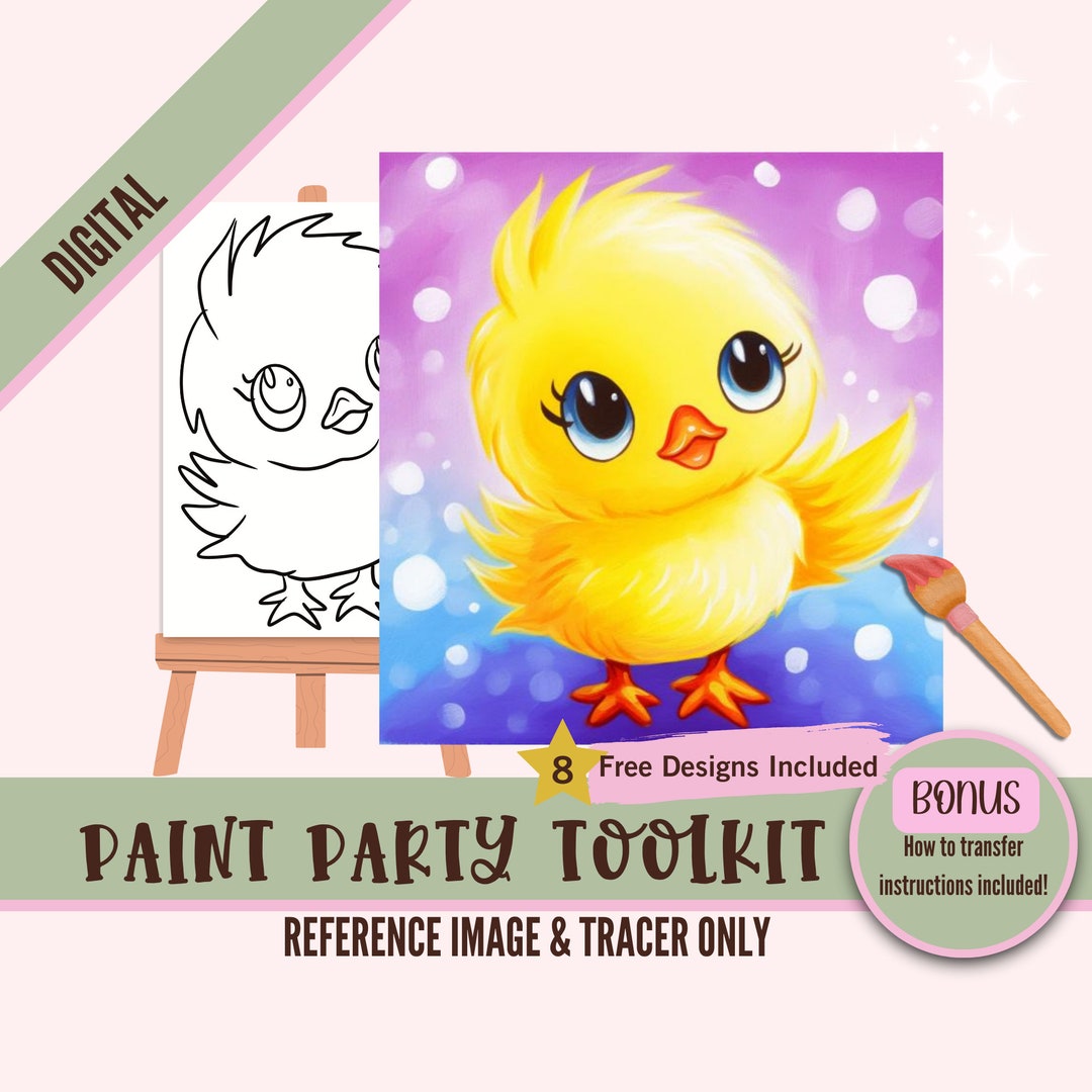 Chick Paint Party Sublimation PNG Tracer Outline - Digital DIY Art, Pre-drawn Canvas Stencil ...