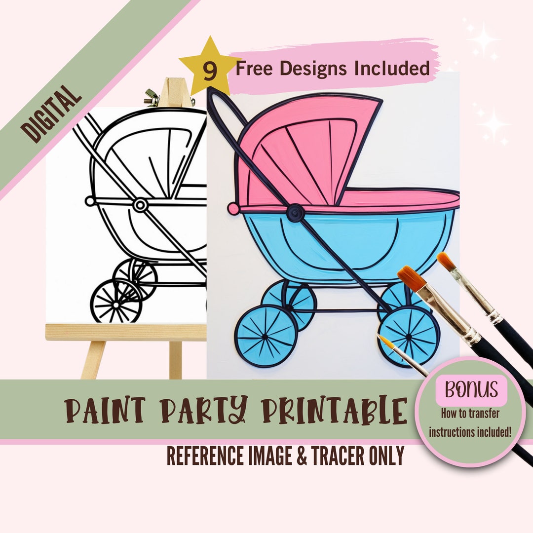 Baby Stroller Paint Party Printable, Pre Drawn Canvas for Adults, Paint ...