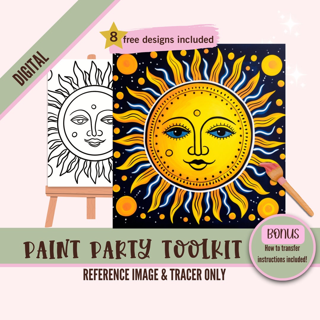 Printable DIY Sip and Paint Canvas Kit - Pre Drawn Sun With Celestial ...