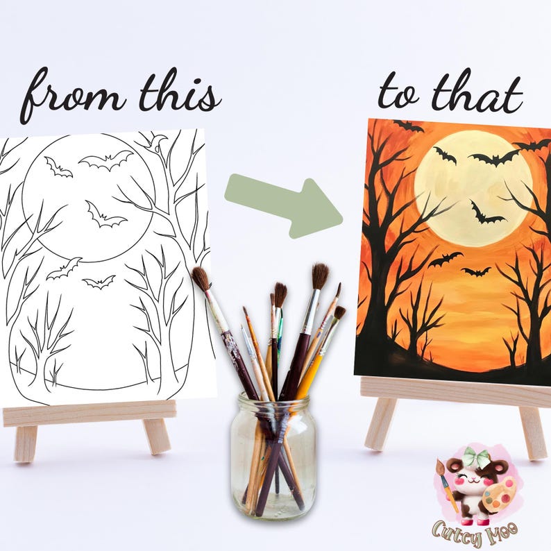 Bat Full Moon Paint Party Printable, Halloween DIY Painting Kit for ...