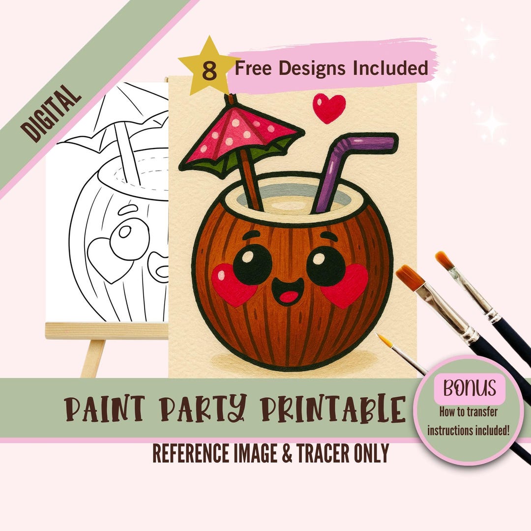 Kawaii Coconut Painting Party Printable, DIY Paint and Sip Kit Download ...
