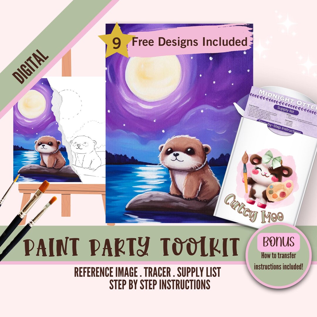 Midnight Otter Paint Party Kit - Digital Painting Outline, Virtual ...