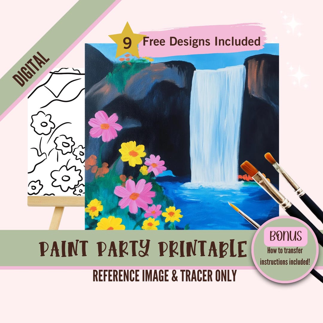 Waterfall Landscape Sip and Paint Downloadable Stencil Art, Forest DIY ...
