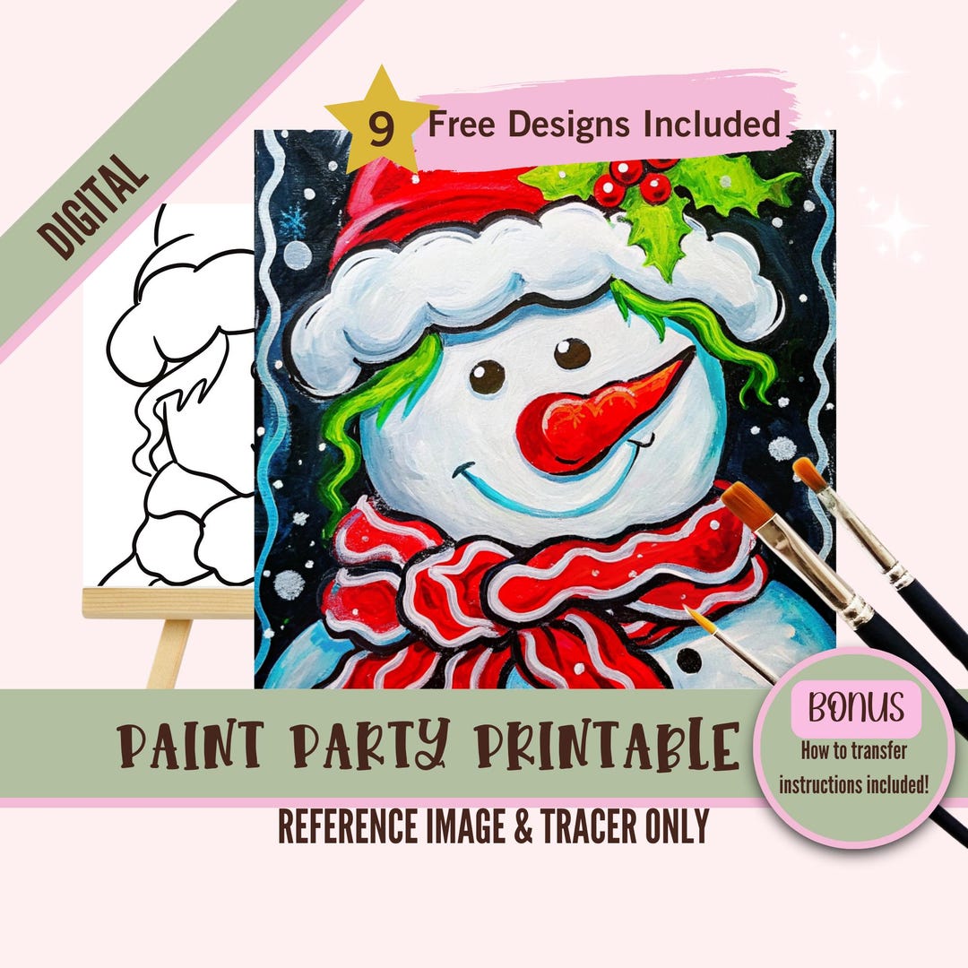 Holiday Snowman Sip and Paint Party Kit Canvas, Pre Drawn Template for ...