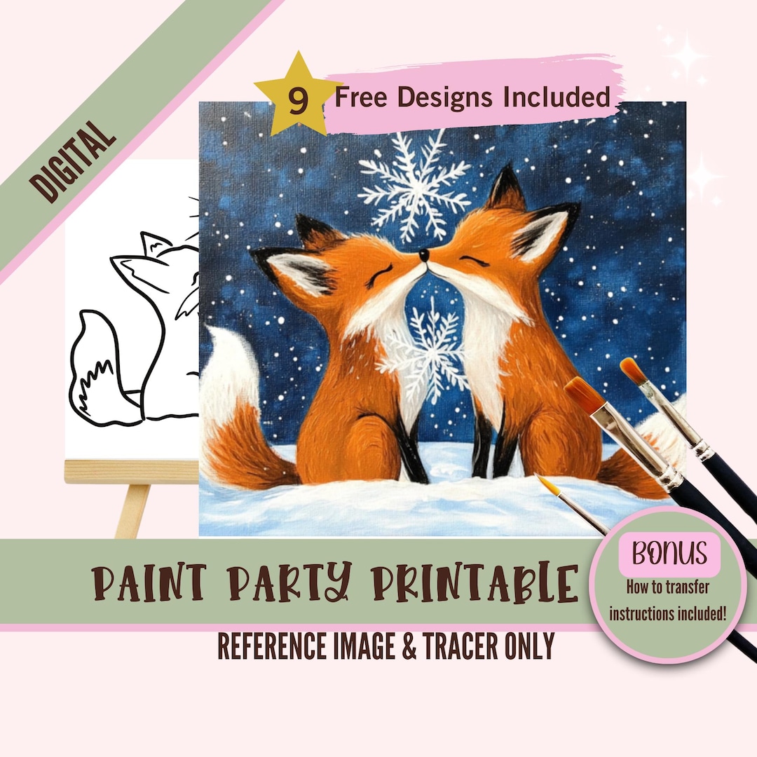 Winter Red Fox Sip and Paint Party Kit Canvas, Pre Drawn Template for ...
