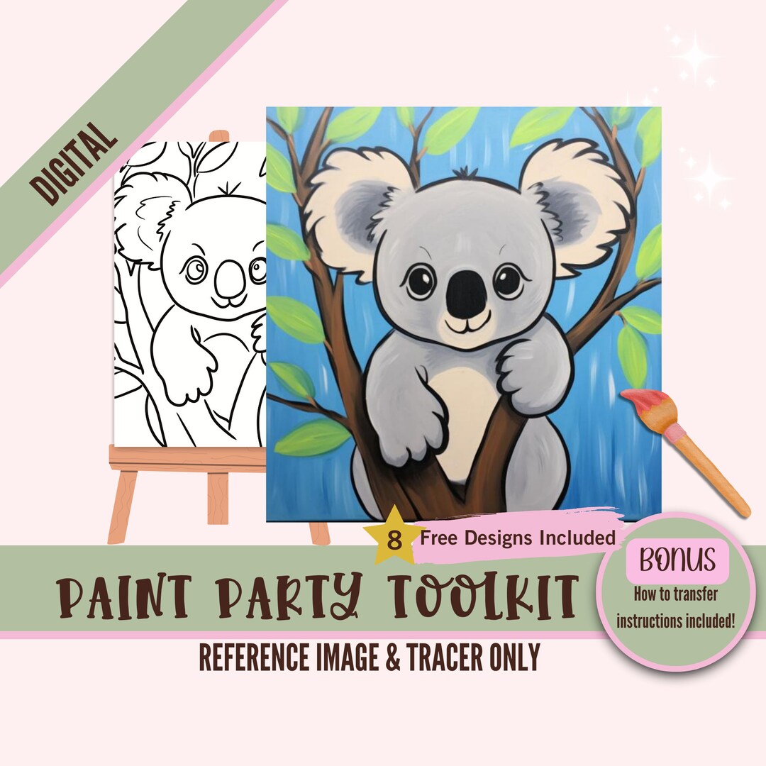 Koala Paint Party Sublimation PNG Tracer Outline Digital DIY Art, Pre ...