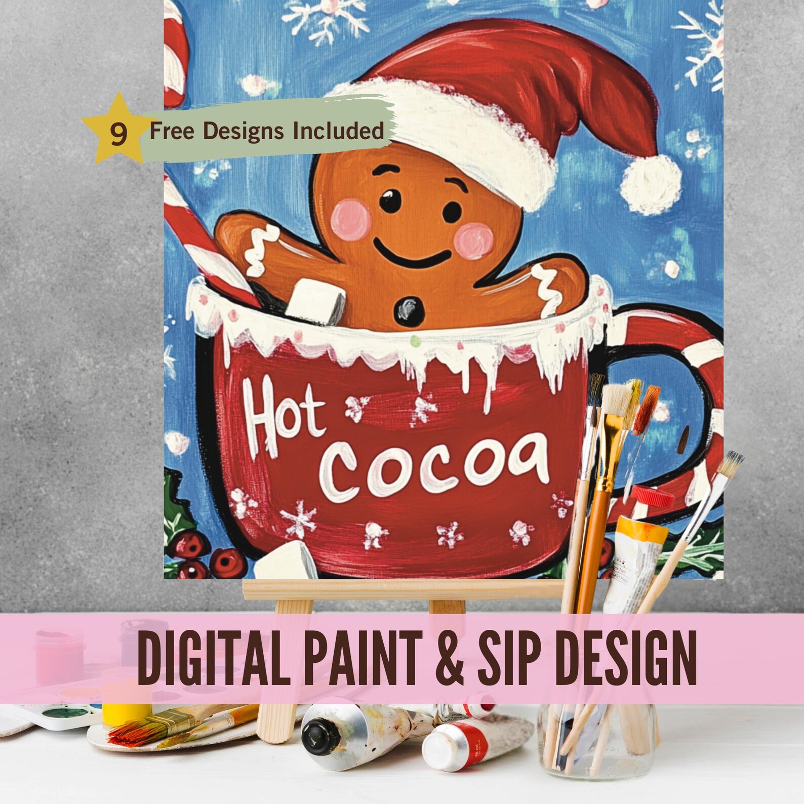 Hot Cocoa Gingerbread Paint Party Printable, Christmas Canvas Art ...