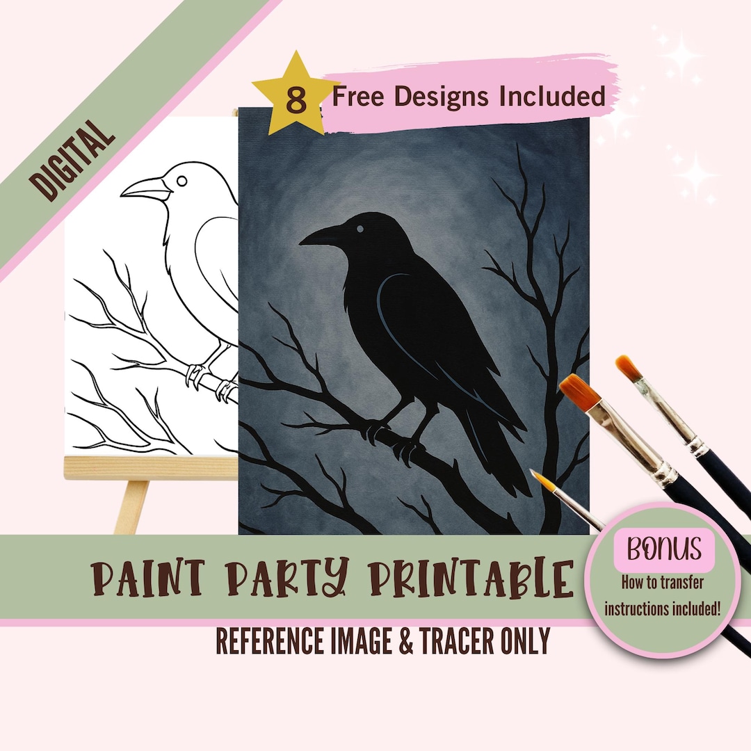 Moody Raven Paint Party Printable - Gothic Crow Silhouette Reference ...