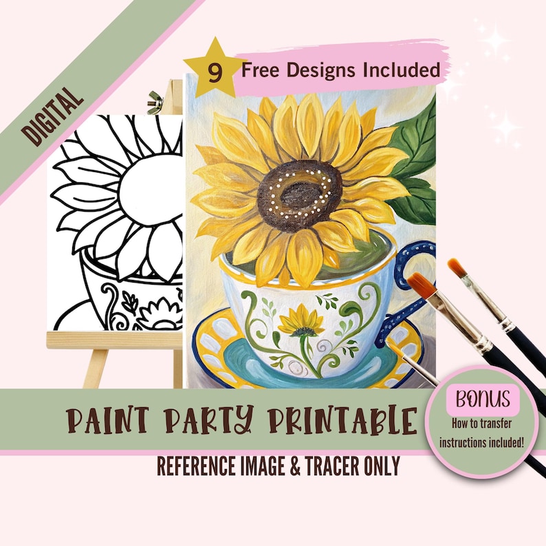 Sunflower Teacup Painting Template, Floral Sip and Paint, DIY Art ...