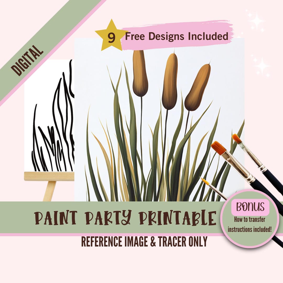 Cattail Grass Sip and Paint Party Kit Canvas, Pre Drawn Template for ...