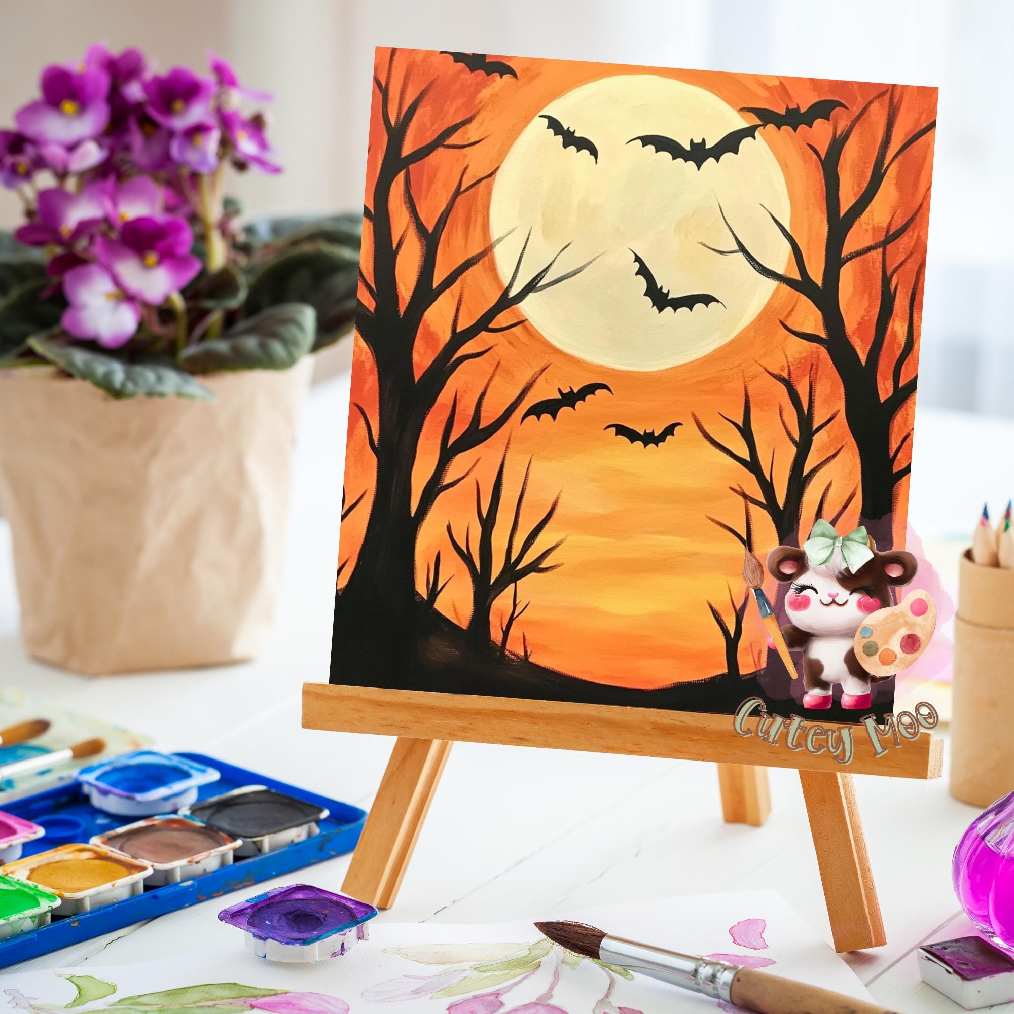 Bat Full Moon Paint Party Printable, Halloween DIY Painting Kit for ...