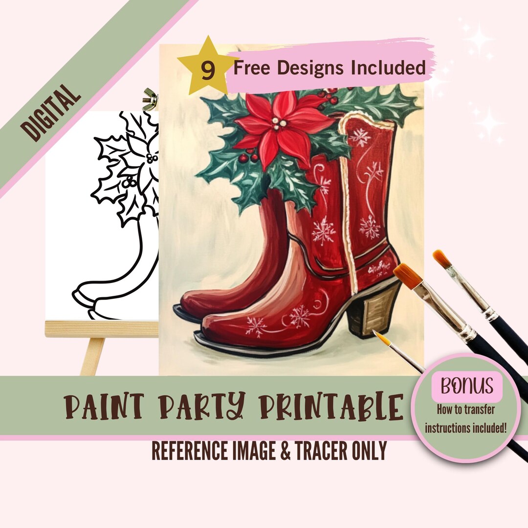 Holiday Cowgirl Boot Sip and Paint Party Kit Canvas, Pre Drawn Template ...