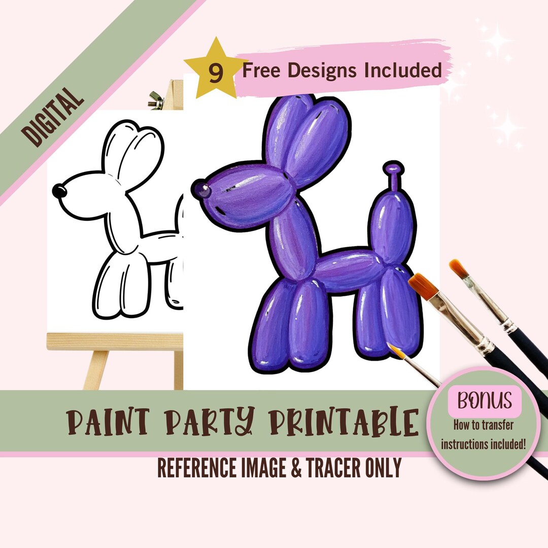 Birthday Balloon Dog Painting Tracer - Digital Paint Party PNG, DIY Fun ...