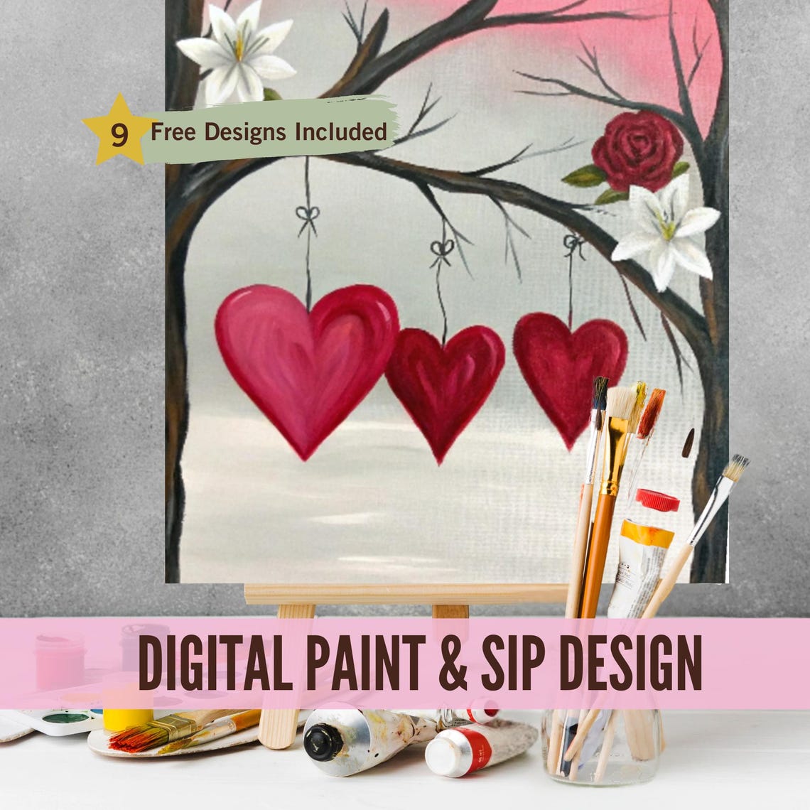 Hanging Hearts Paint Party Printable, Valentine Canvas Art Template ...
