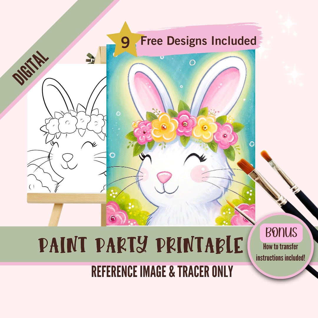 Floral Bunny Paint Party Printable - Digital Painting Tracer, DIY ...