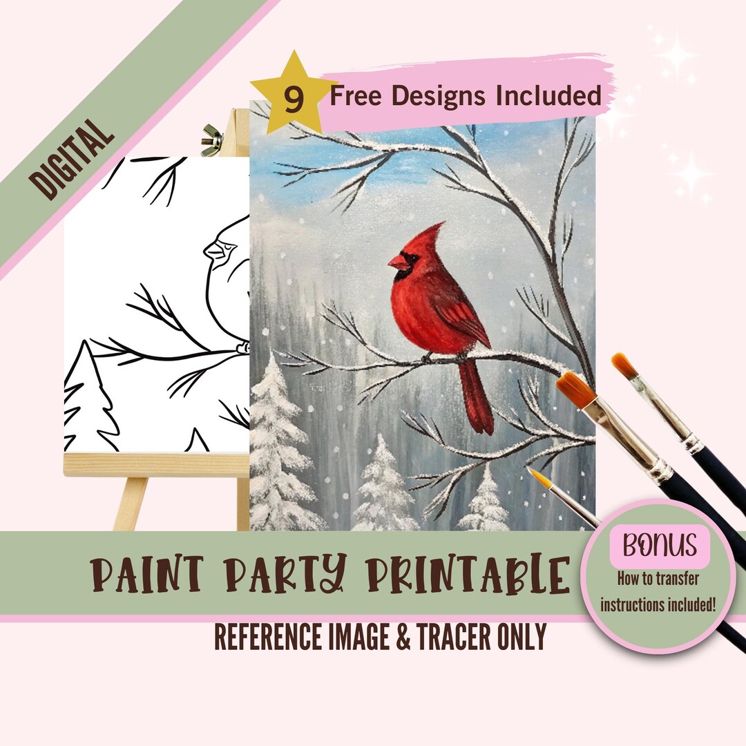 Red Cardinal Bird Sip and Paint Party Kit Canvas, Winter Pre Drawn ...