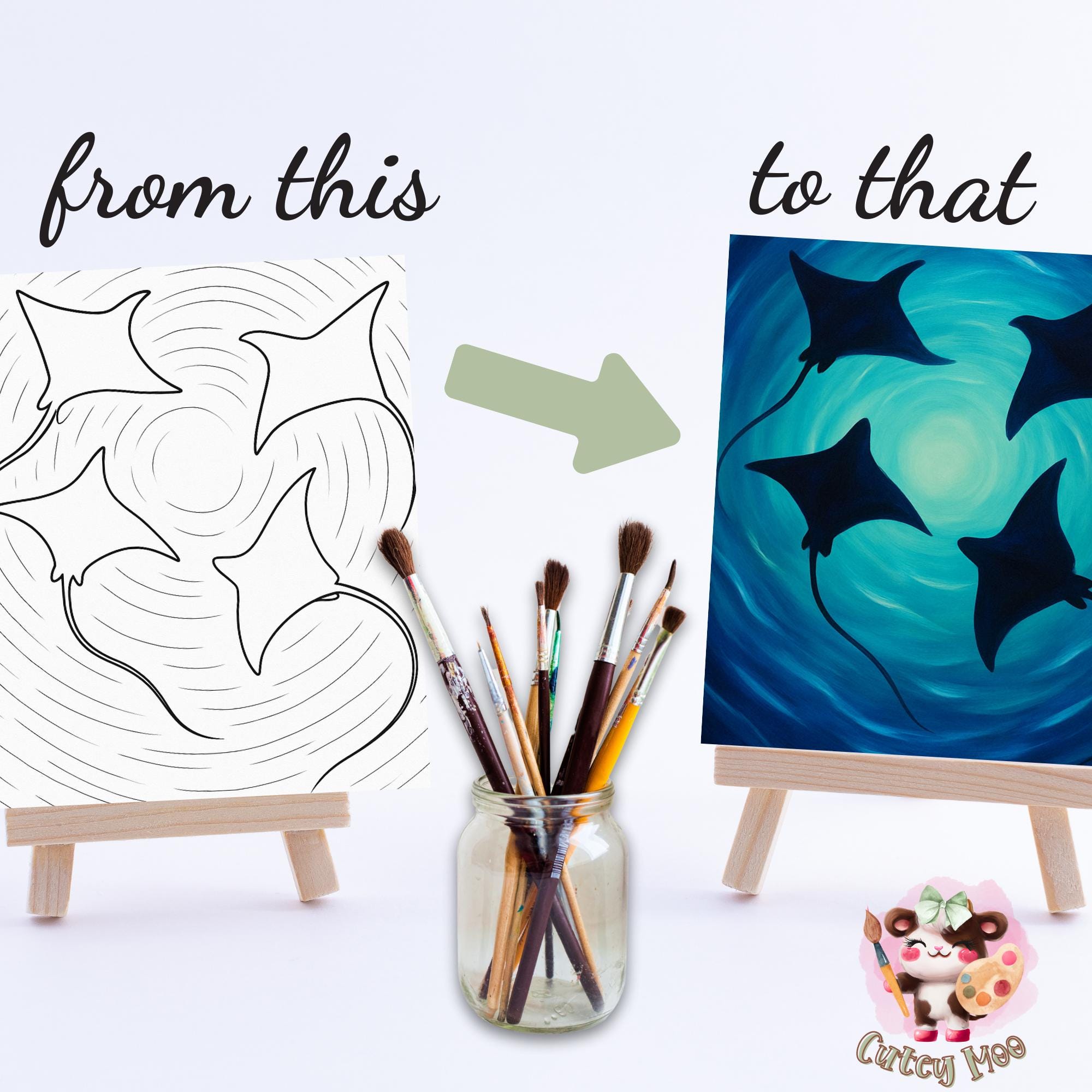Ocean Sting Rays Art Painting Party PNG Tracer, Aquarium DIY Pre-drawn ...