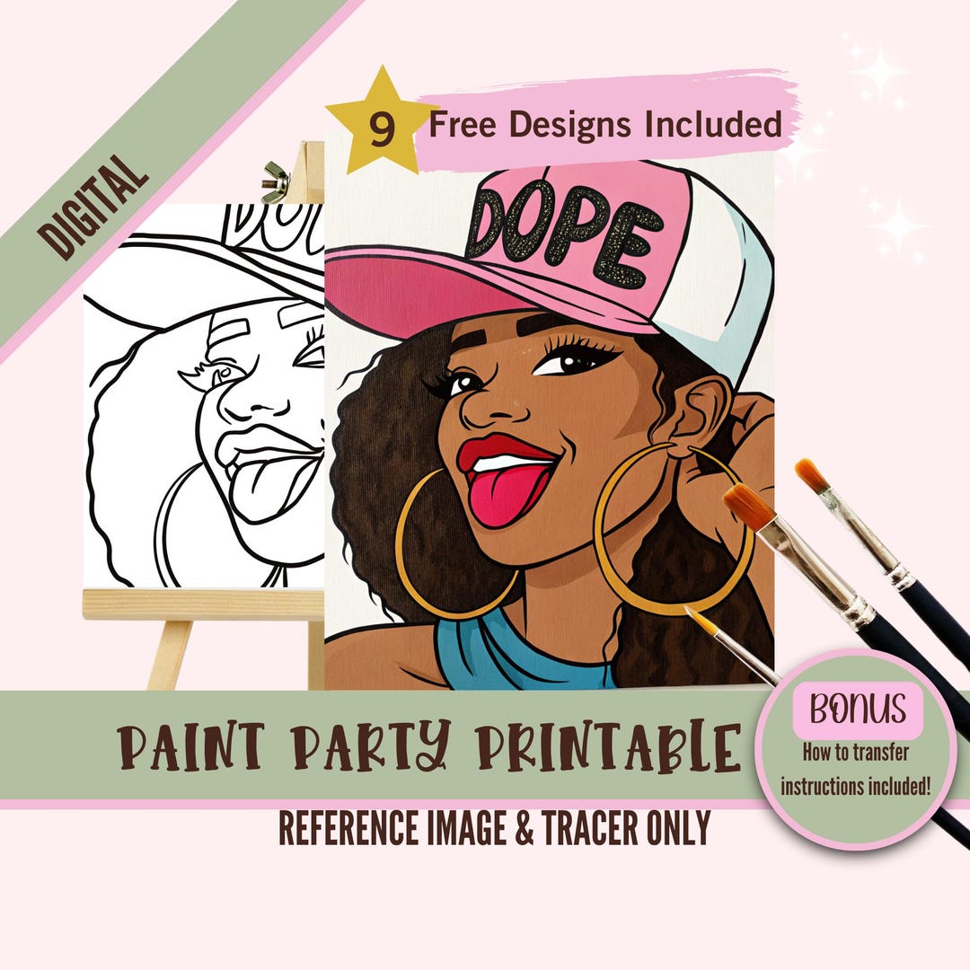 Dope Black Girl Sip and Paint Party Kit Canvas, Pre Drawn Template for ...