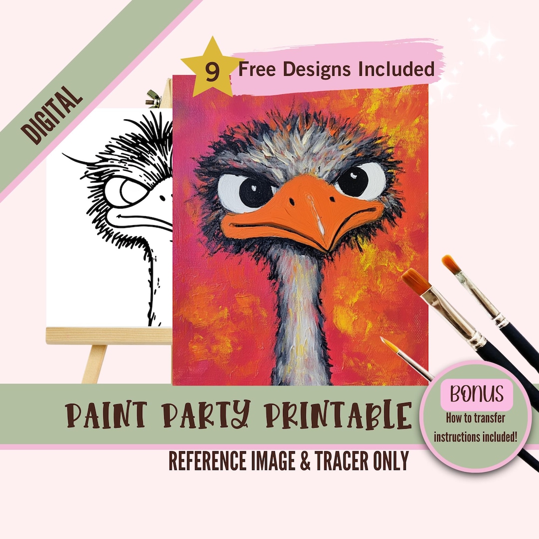Quirky Ostrich Sip and Paint Party Kit Canvas, Pre Drawn Template for ...