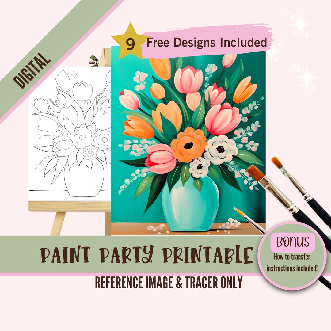 Mother's Day Floral Vase Paint Party Printable - Painting Template, DIY ...