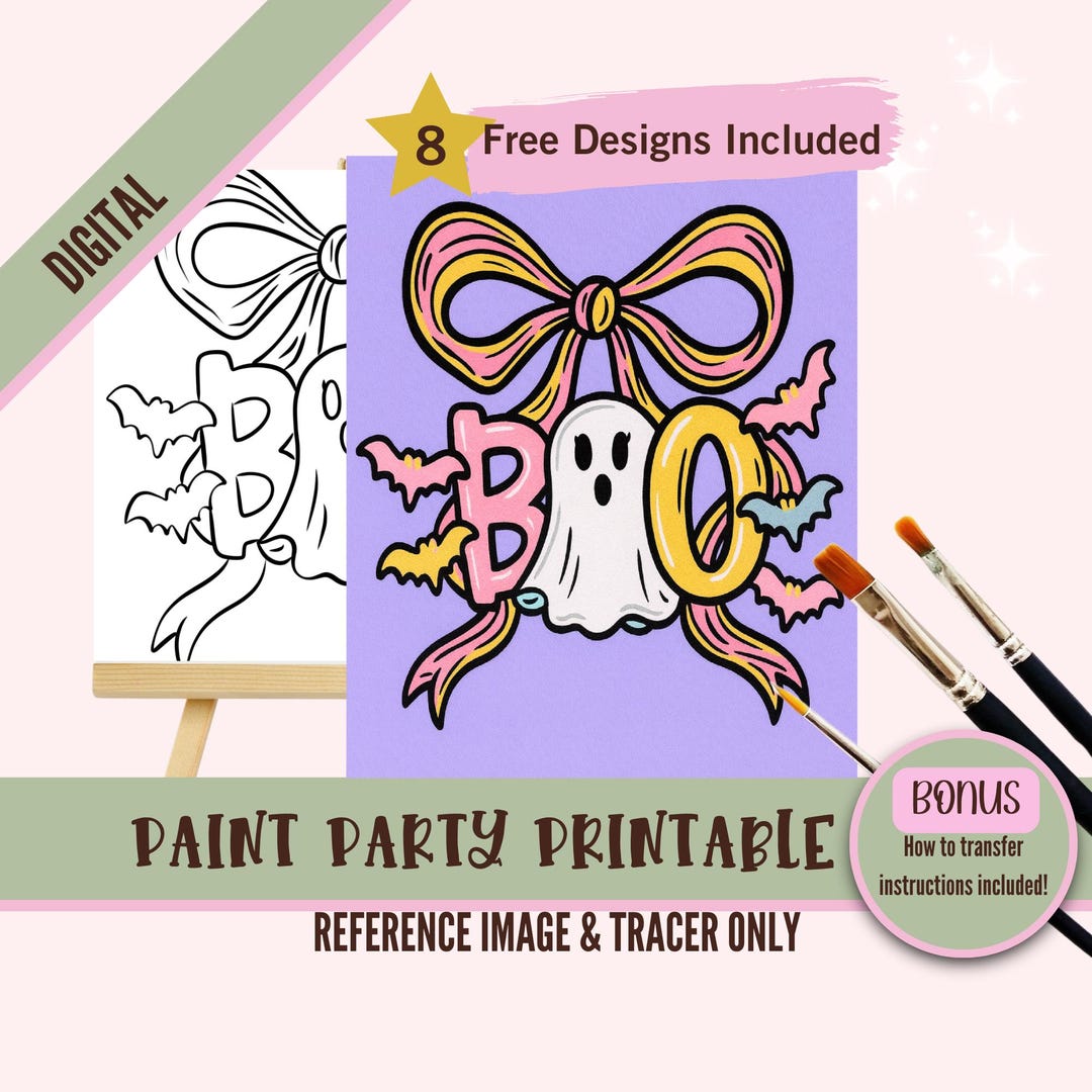 Paint & Sip Halloween Boo Ghost Bow Tracer, Pastel Coquette Outline ...