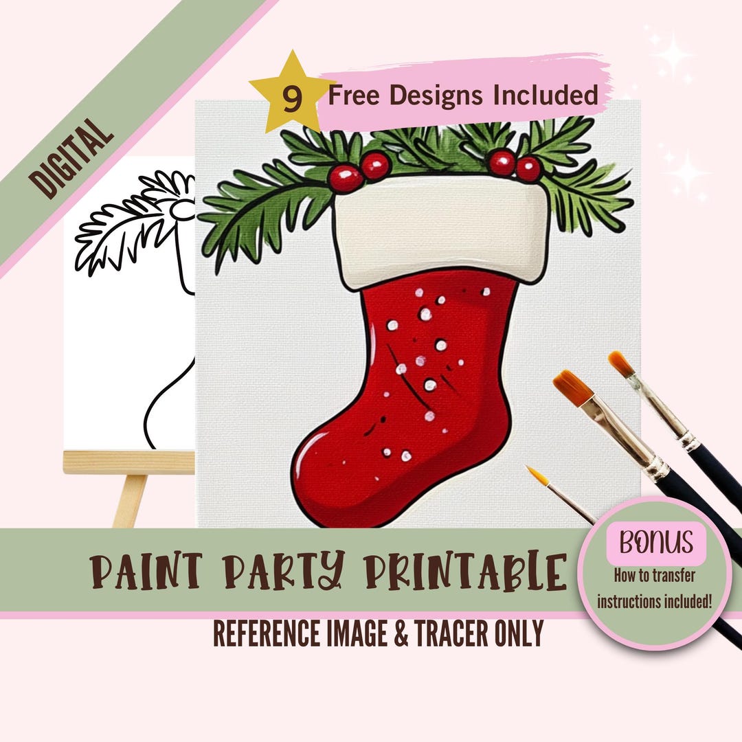 Christmas Stocking Sip and Paint Downloadable Stencil Art, Holiday DIY ...