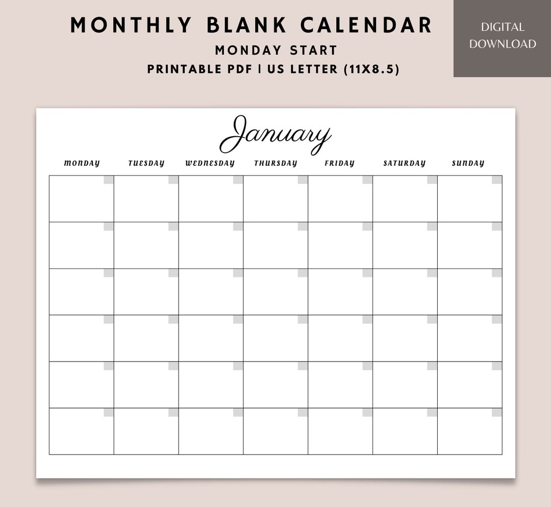 Printable Monday Start Calendar, Monthly Planner, Monthly Organizer ...