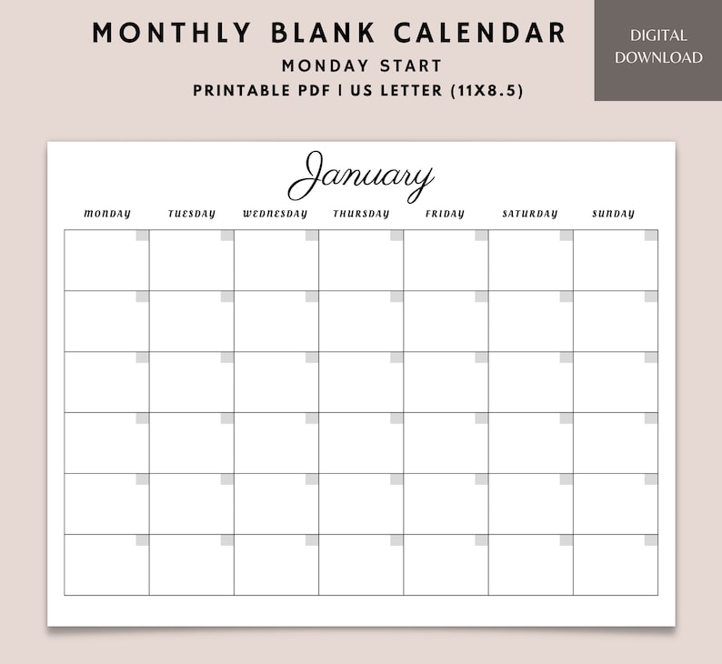 Printable Monday Start Calendar, Monthly Planner, Monthly Organizer ...