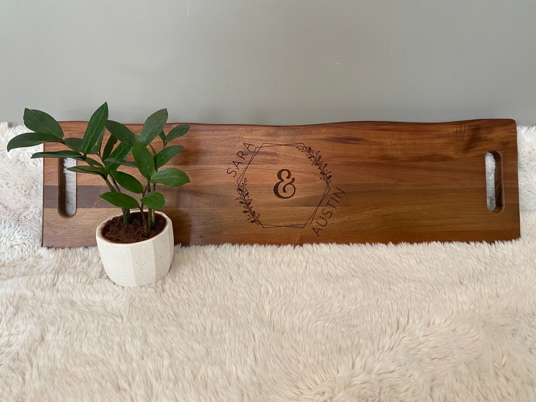 Personalized Large Grazing Board - 2 Handles, Natural Edge, Solid Wood ...