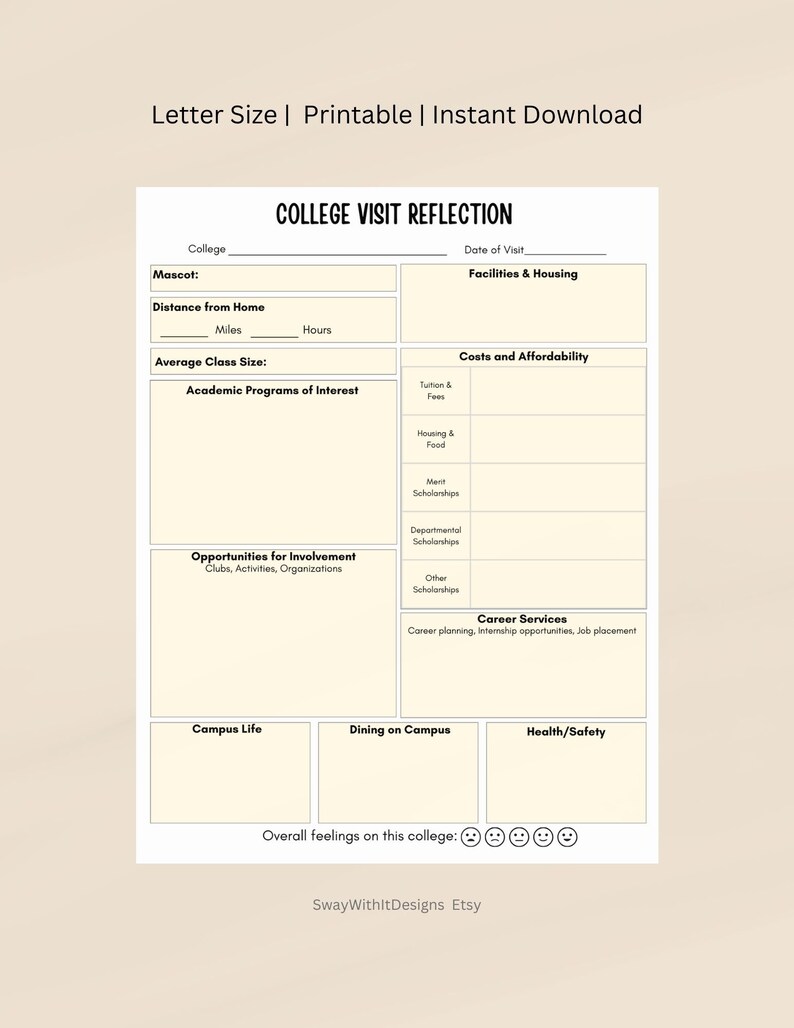 College Visit Reflection Worksheet, College Search, College Selection ...