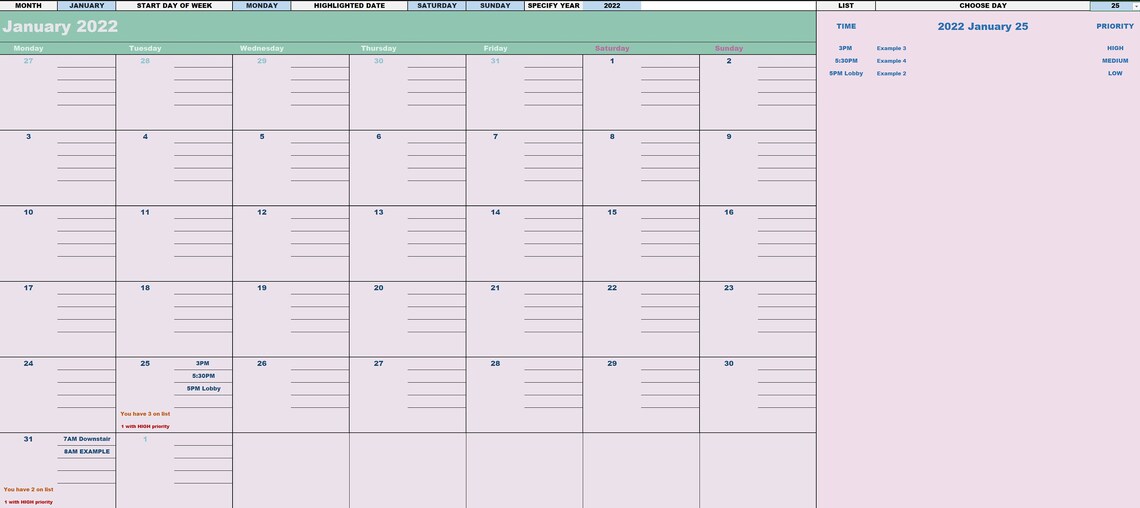 Editable Automated Monthly Calendar, to Do List, Microsoft Excel, Excel ...