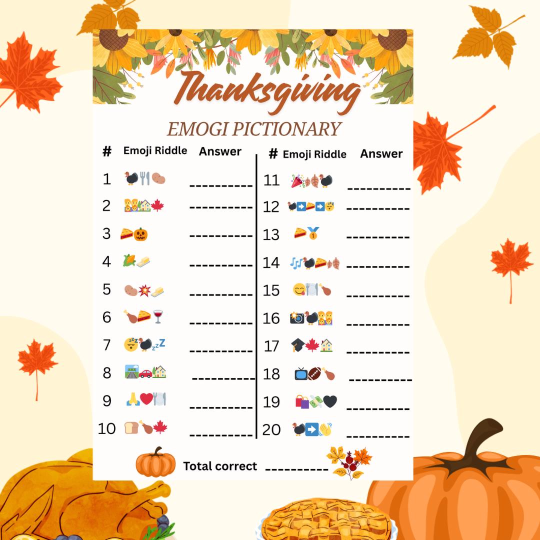 Thanksgiving Emoji Pictionary Game: Printable Holiday Fun (instant ...