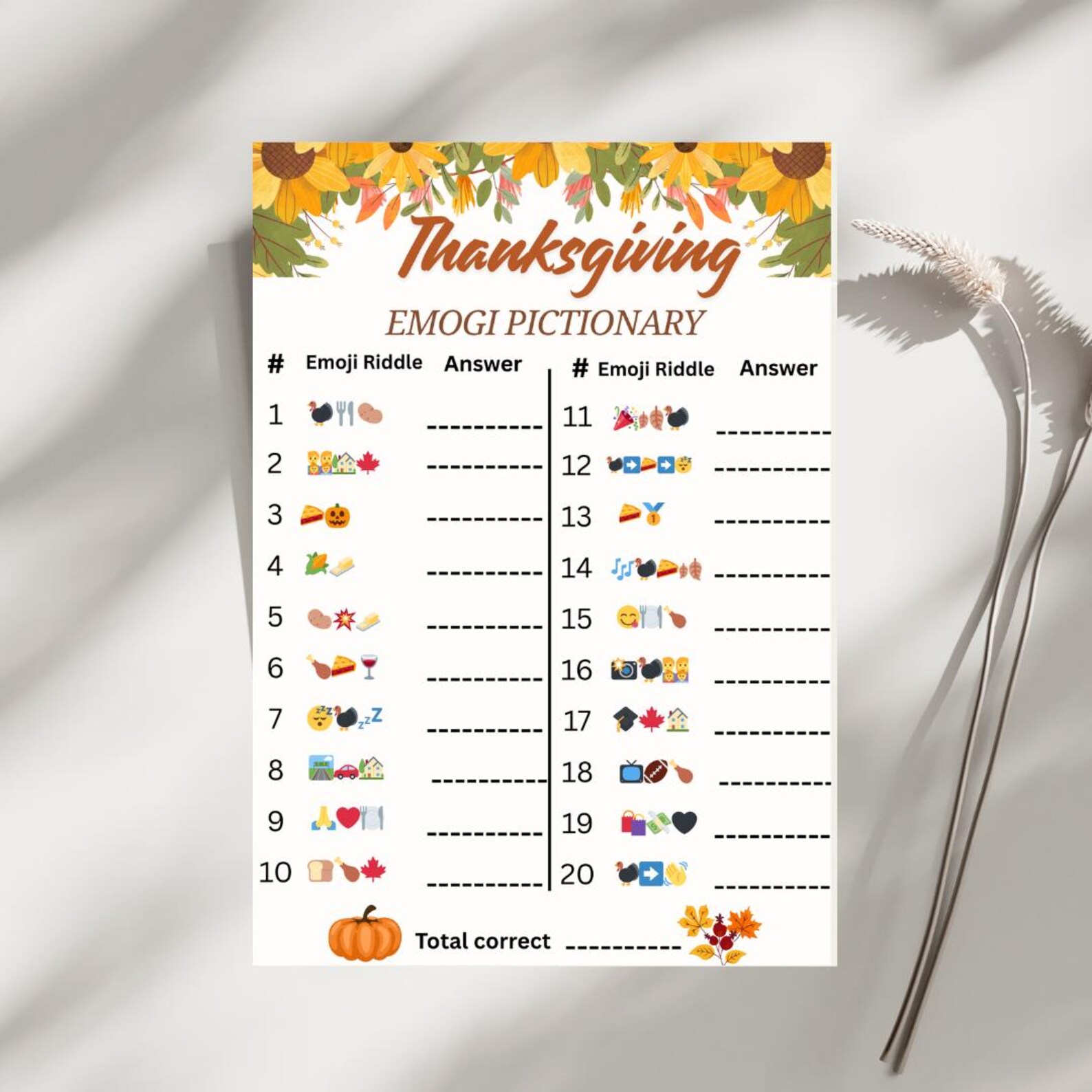 Thanksgiving Emoji Pictionary Game: Printable Holiday Fun (instant ...